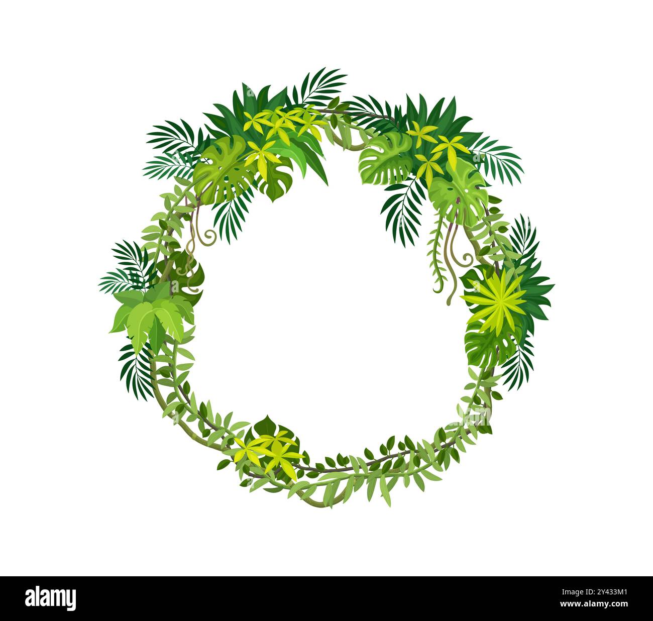 Tropical jungle round frame with forest liana branch and leaves ...