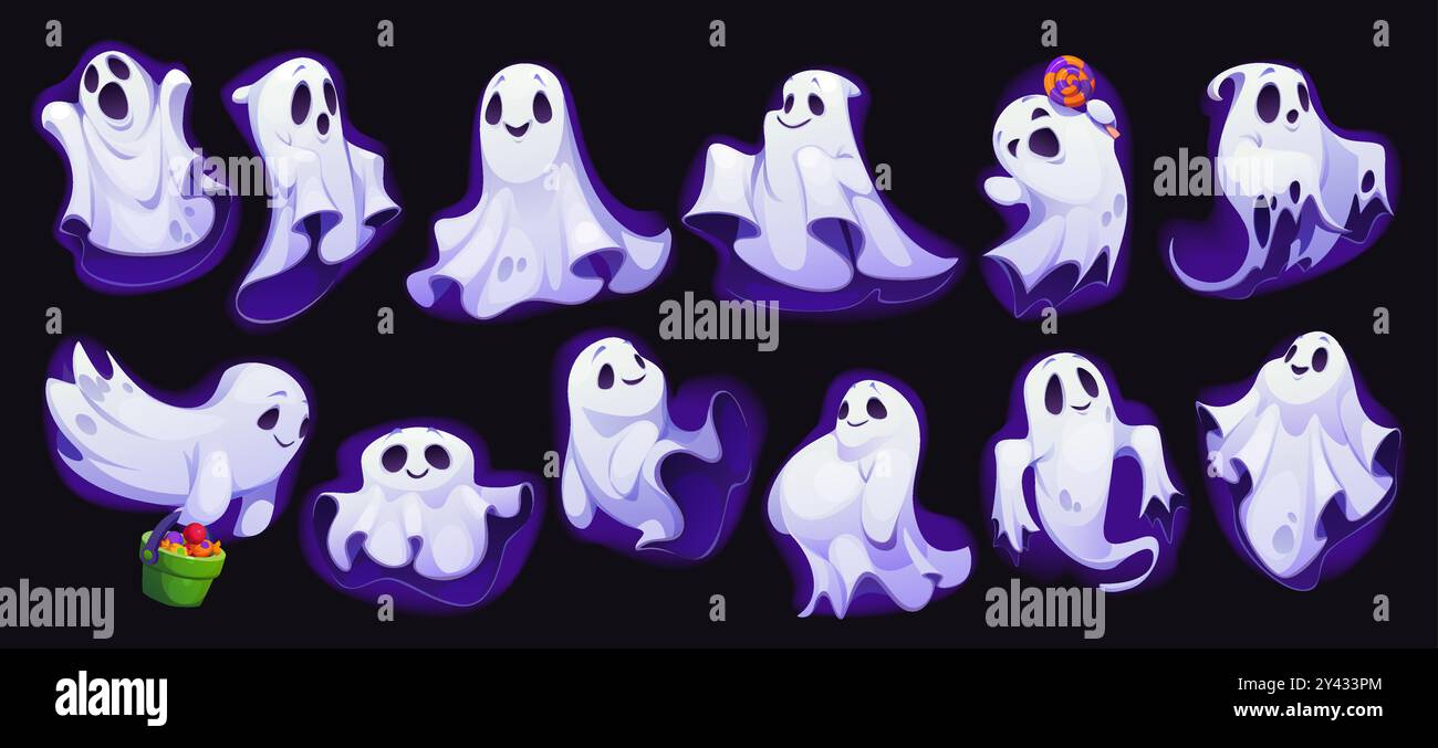 Cartoon Halloween ghost characters, scary spooky vector personages. Horror evil monsters with ...