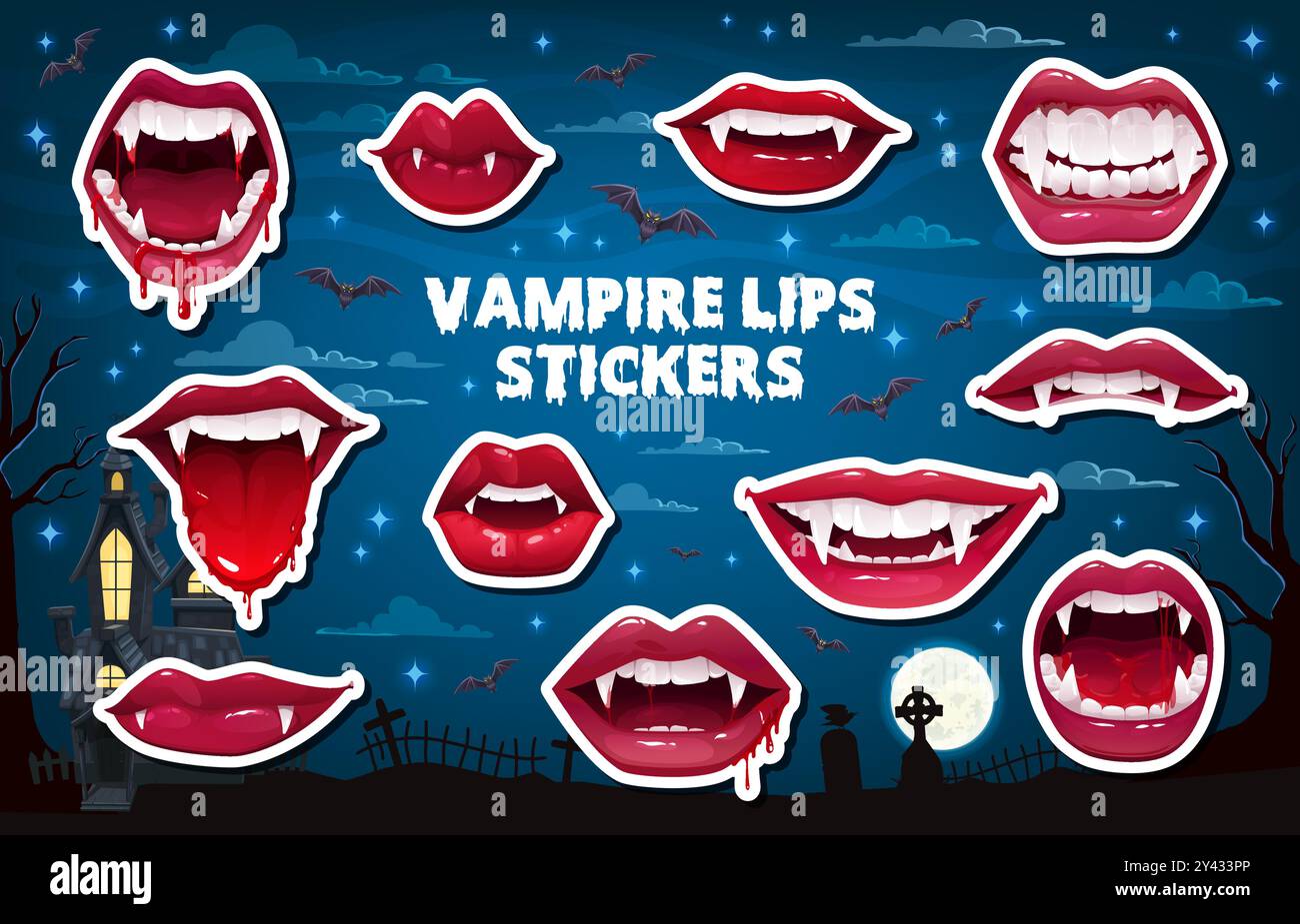 Stickers pack of Halloween vampire lips. Cartoon vector monster jaws ...