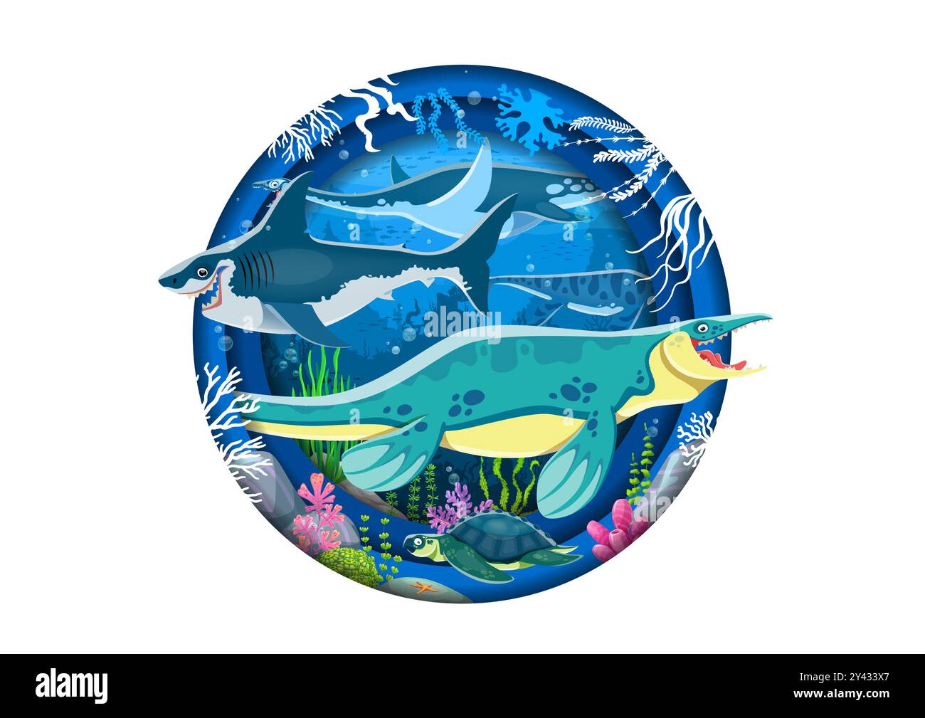Paper cut prehistoric underwater dinosaurs inside of round 3d vector ...