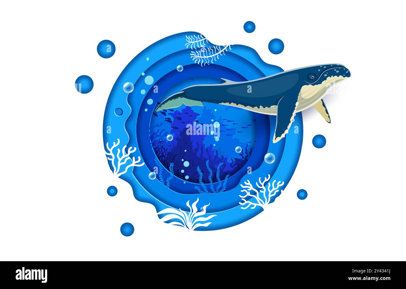 Sperm whale character at paper cut underwater landscape. 3d vector ...