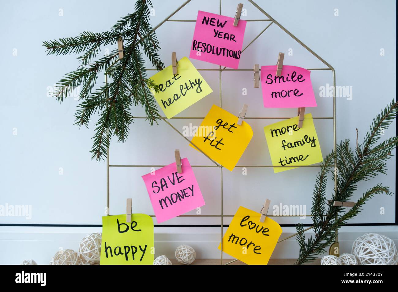 Vision board with new year resolutions aims goals on sticky notes ...