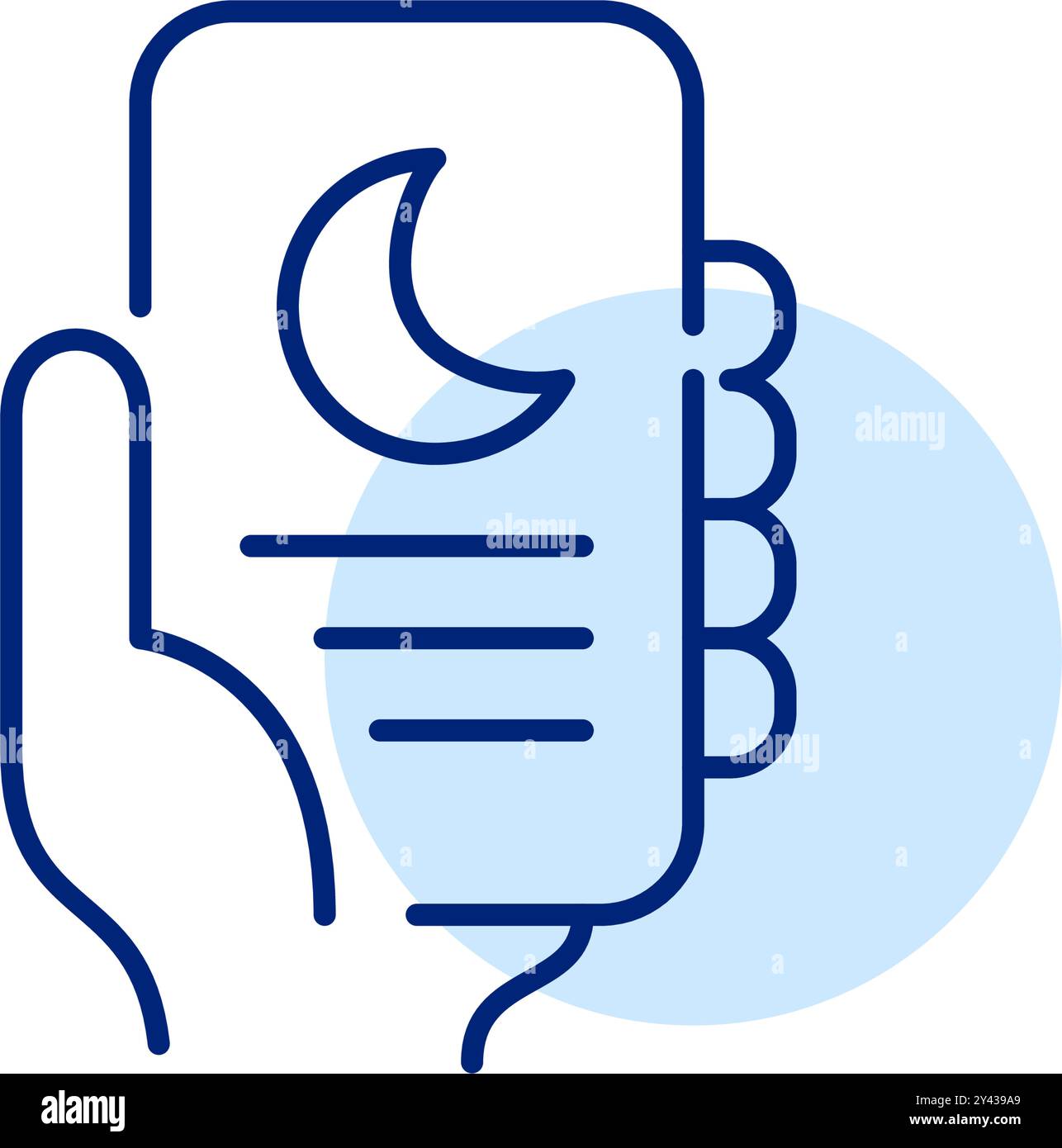 Hand holding smartphone with text reader and moon on screen. Dark mode ...