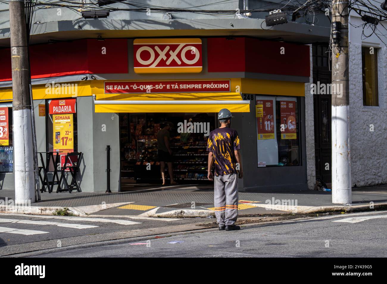Sao Paulo, Brazil, March 15 2023. Front view of Oxxo supermarket in Sao ...