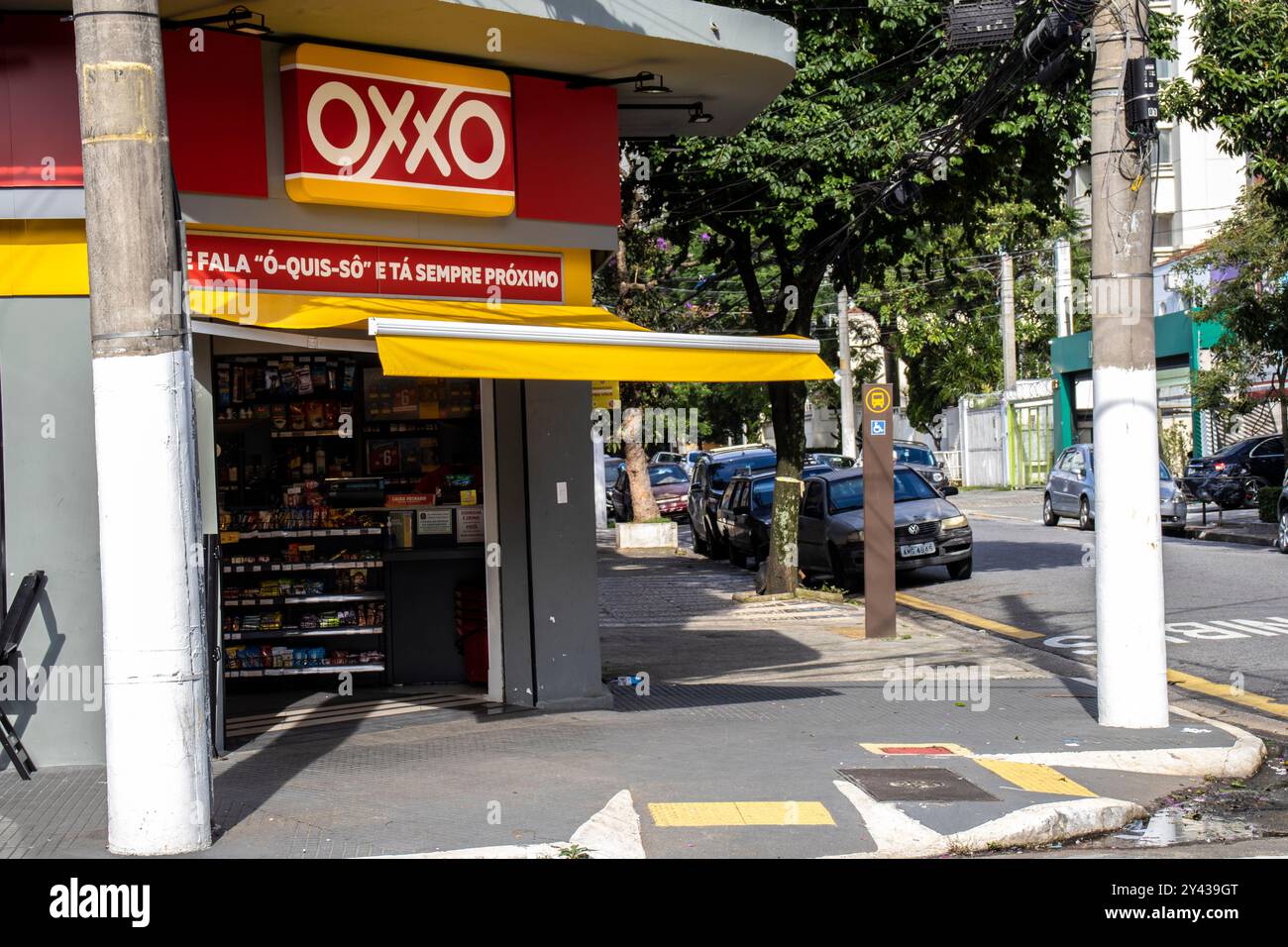 Sao Paulo, Brazil, March 15 2023. Front view of Oxxo supermarket in Sao ...
