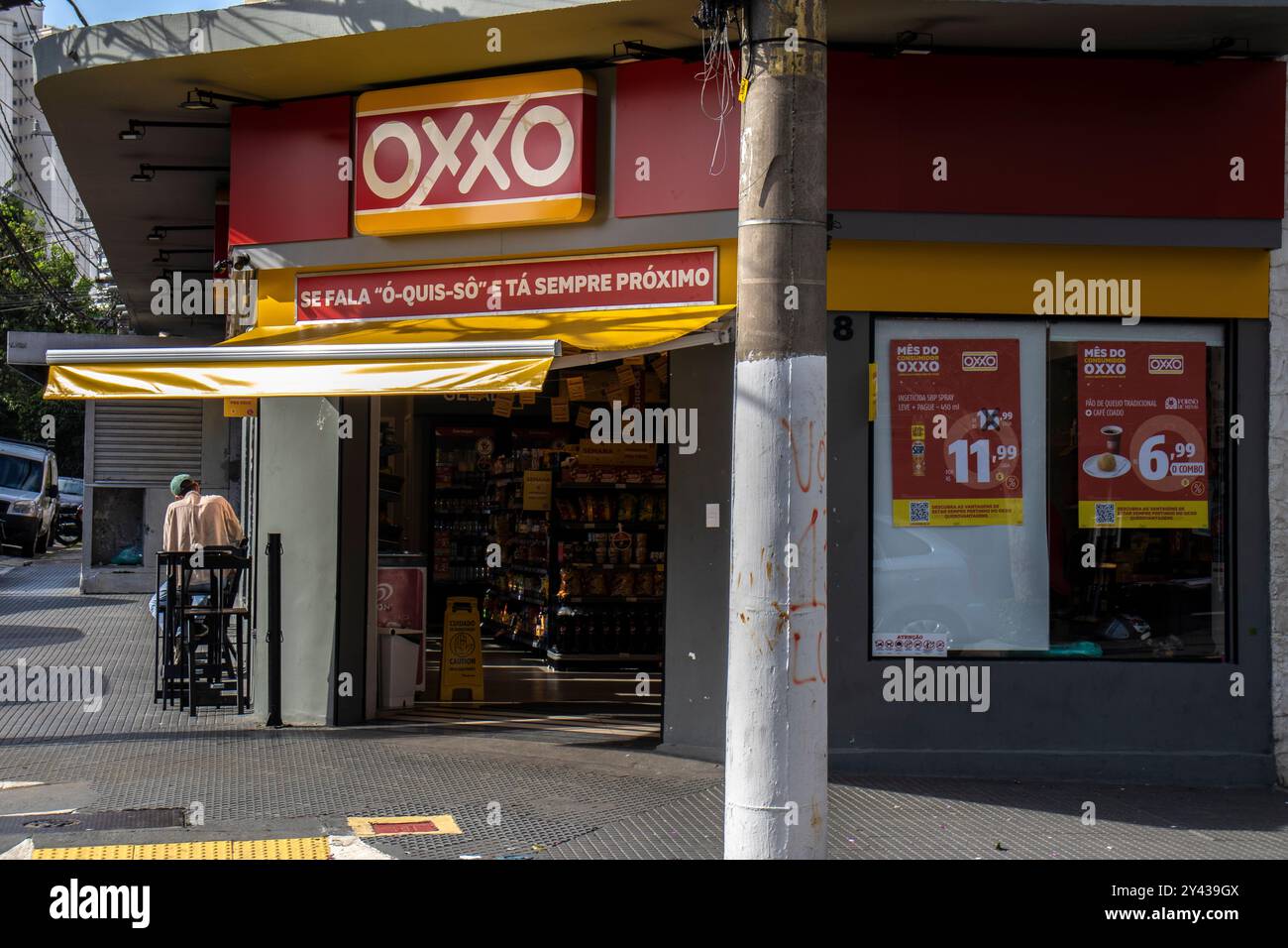 Sao Paulo, Brazil, March 15 2023. Front view of Oxxo supermarket in Sao ...