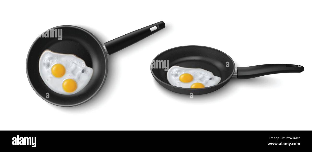 3d pan with frying egg. Cooking breakfast vector. Realistic skillet ...