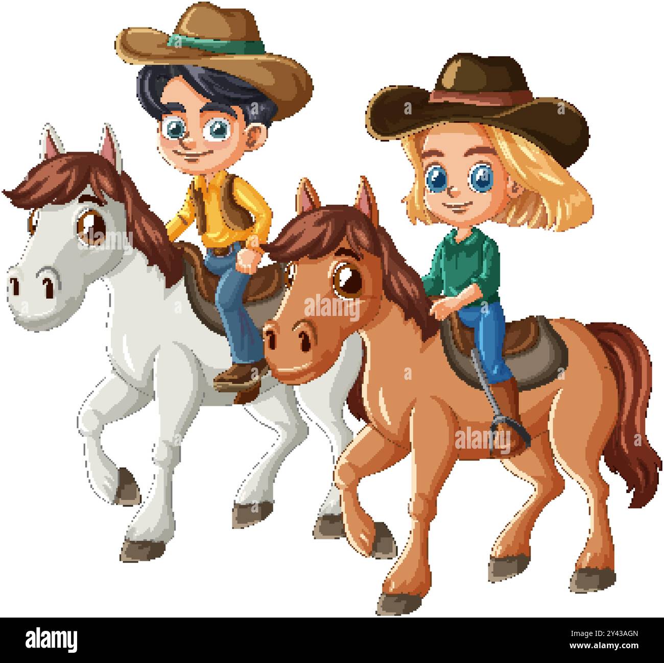 Two kids happily riding horses together Stock Vector Image & Art - Alamy