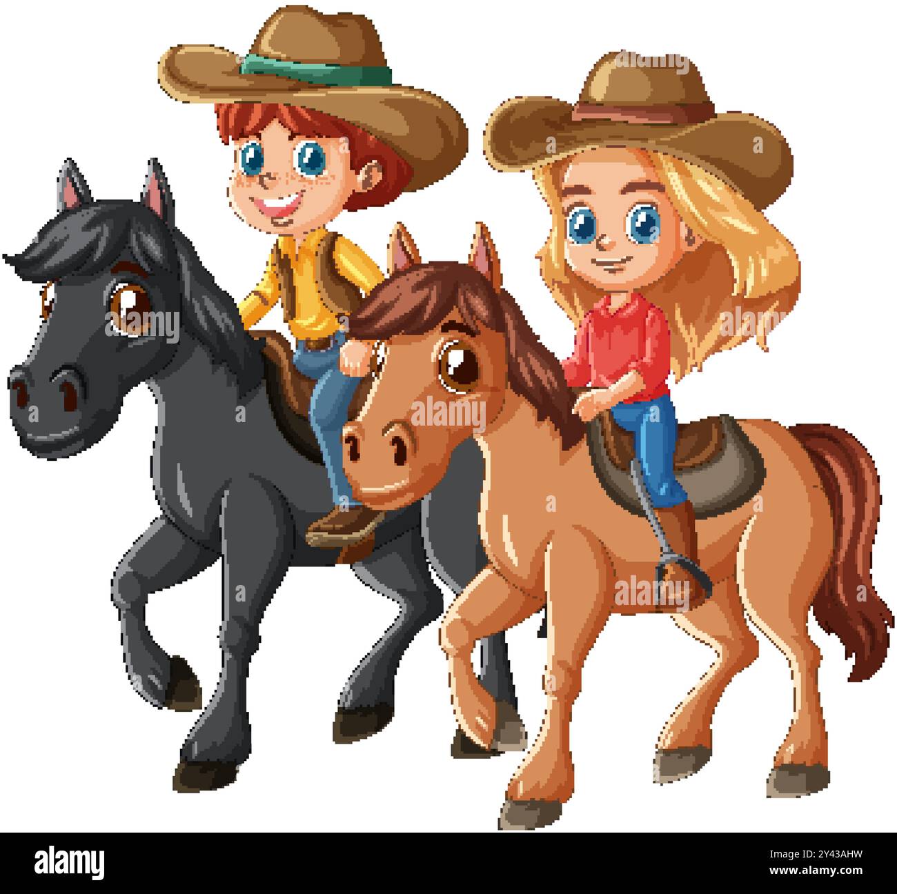 Two kids happily riding horses outdoors Stock Vector Image & Art - Alamy