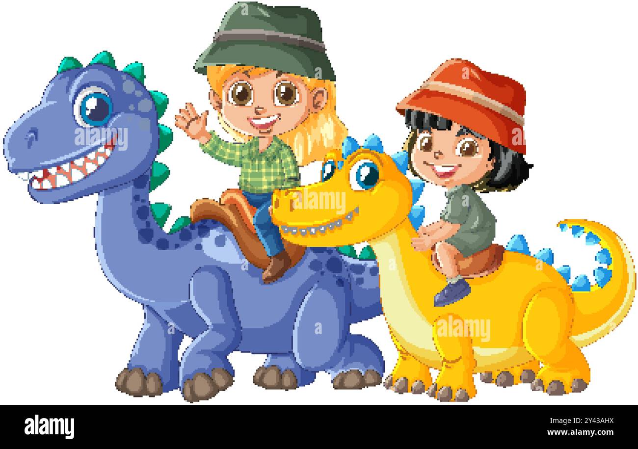 Two kids happily riding colorful dinosaurs Stock Vector Image & Art - Alamy