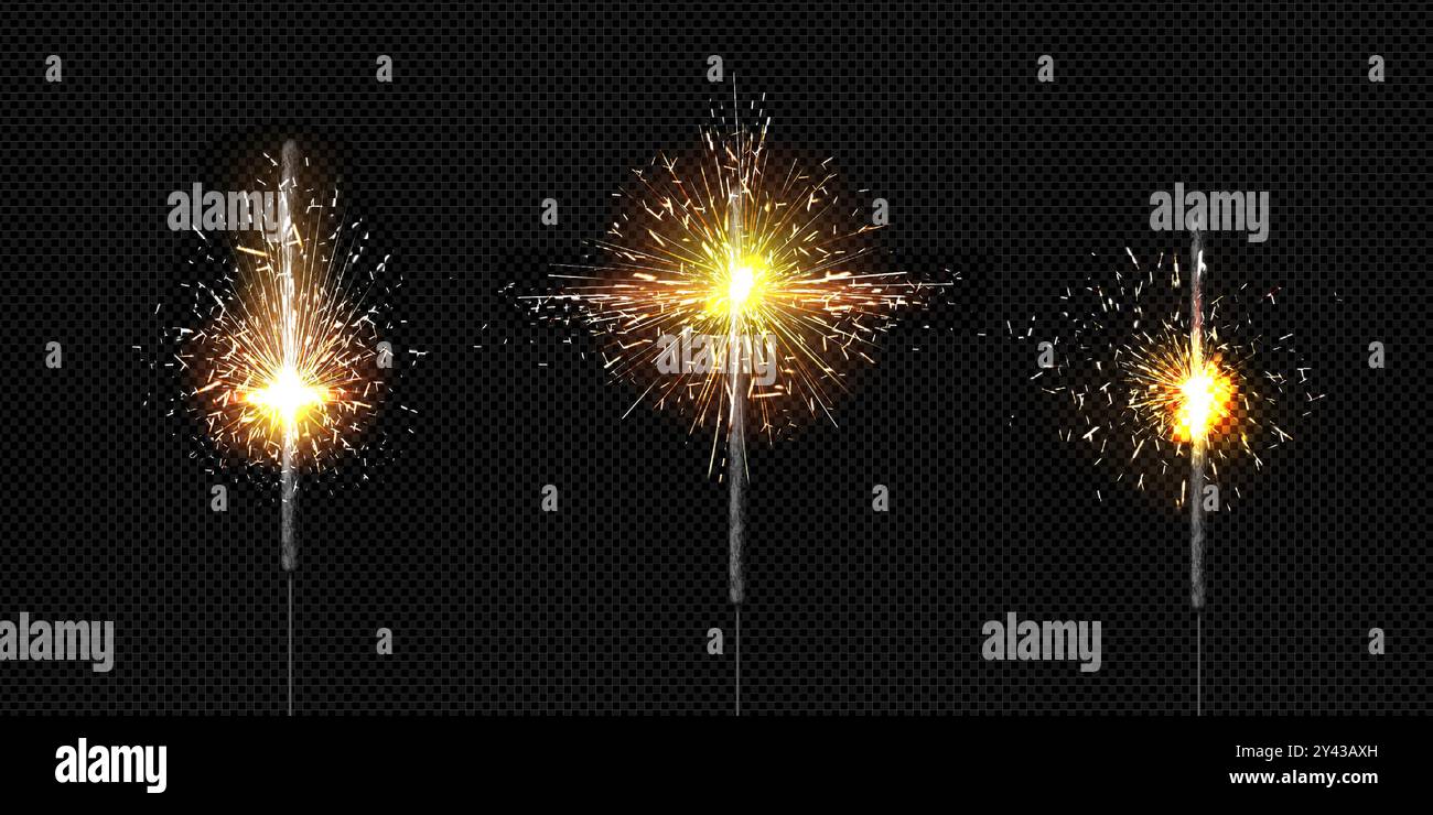 Sparkler candle light and bengal firework isolated vector. Birthday or diwali party realistic ...