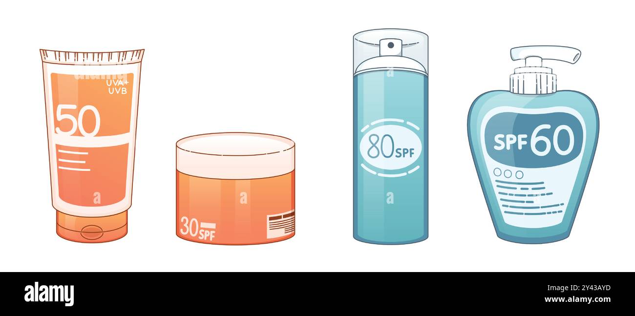 Sunscreen cream in plastic tube and jar. Cartoon vector illustration ...