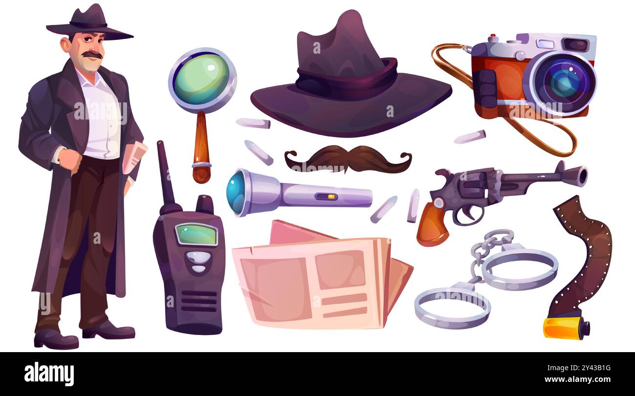 Detective character and spy equipment icon set. Gun with bullet ...