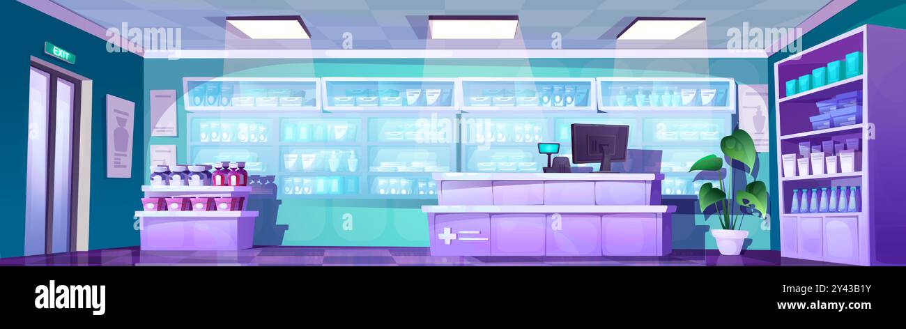 Pharmacy store interior with drugs in boxes and bottles on racks and ...