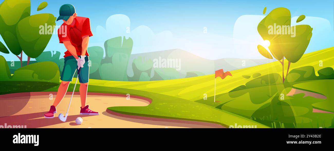 Man golfer swings club and tries to hit ball into hole on golf course ...