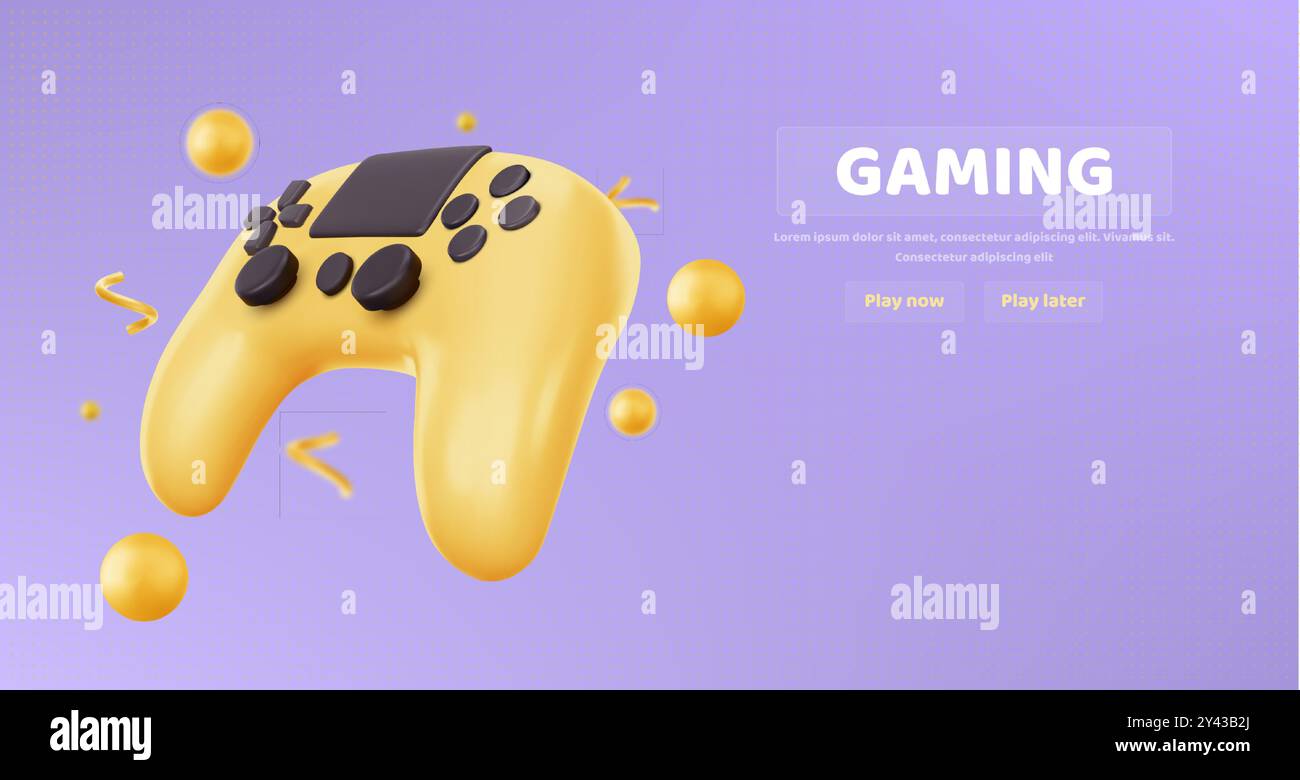 Purple web banner with flying yellow video game console control ...