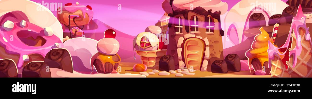 Game candy land scene with royal castle and nature made from cakes and ...