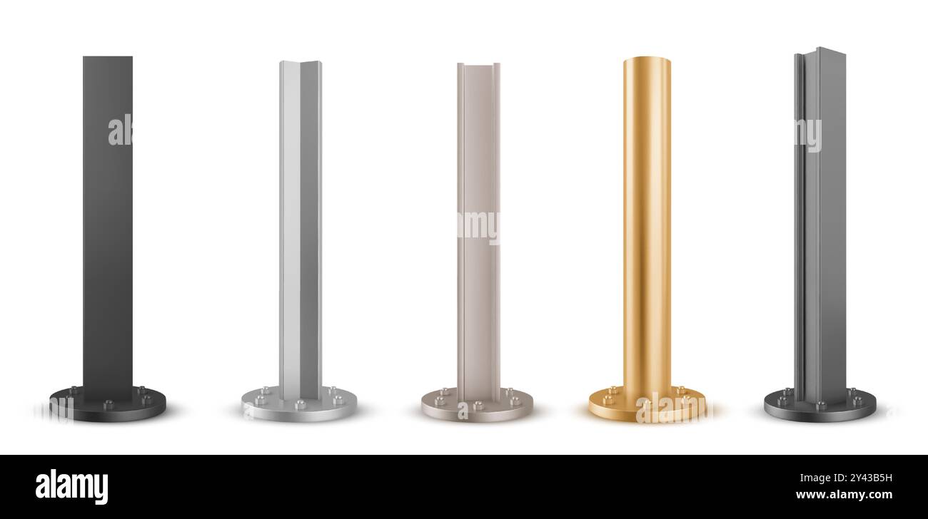 3d metal pole base of different shapes and colors. Realistic vector set ...