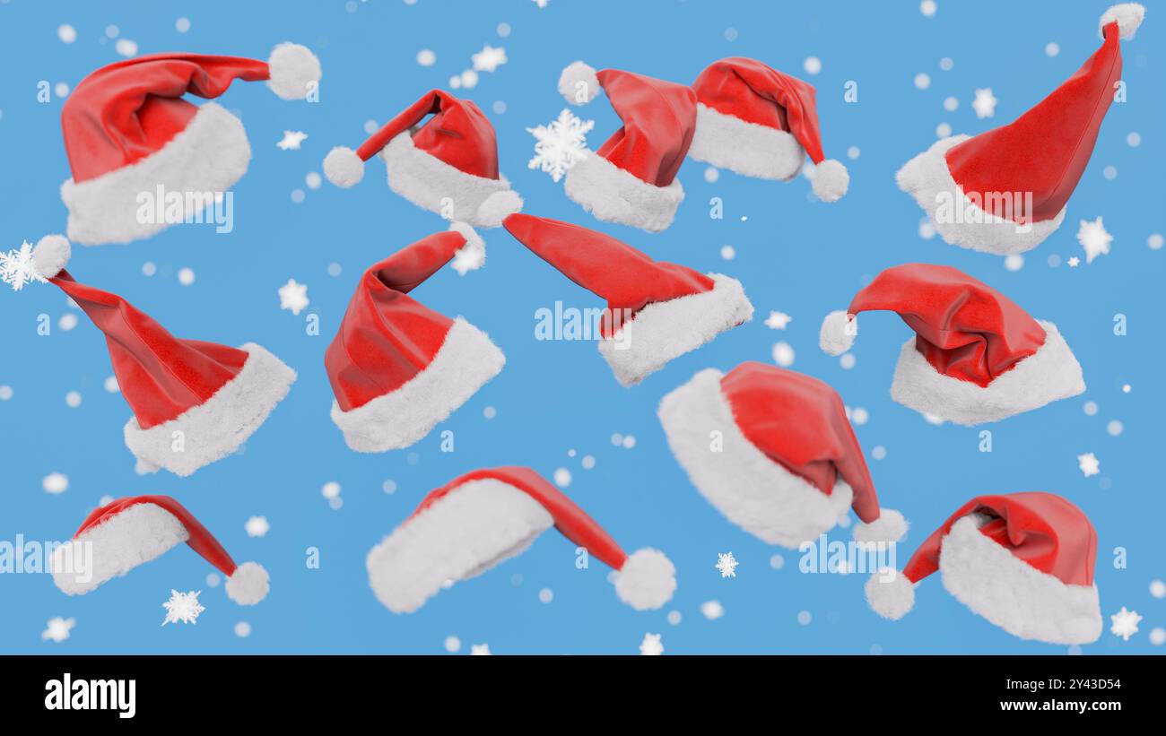 Shower of santa claus hats is falling down on a blue background with ...