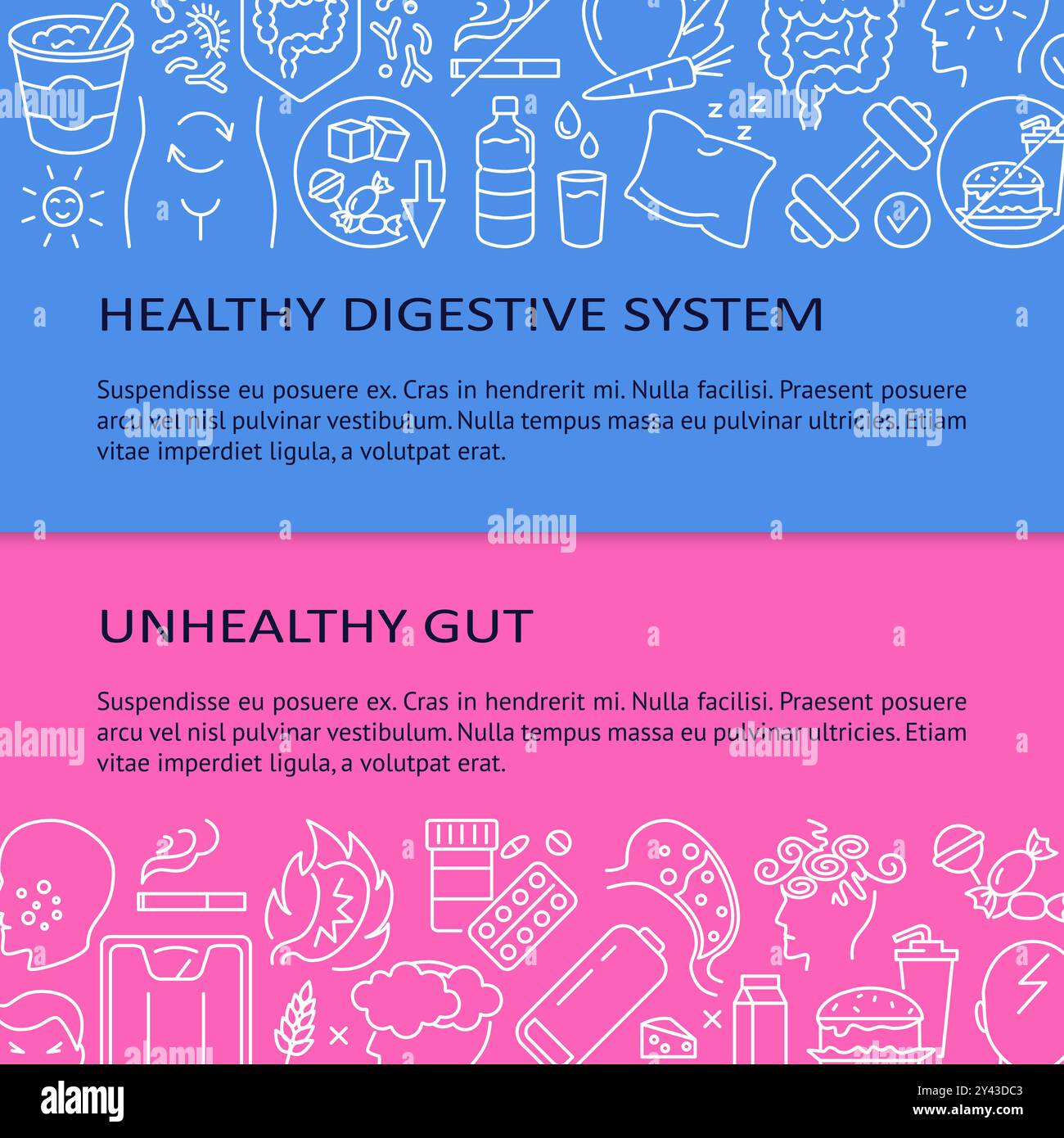 Healthy and unhealthy digestive system banner. Vector illustration ...