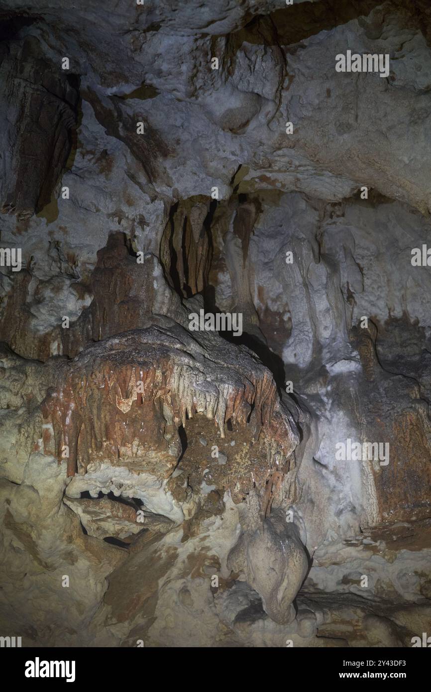 Cave underground in the limestone mountains with various formations ...