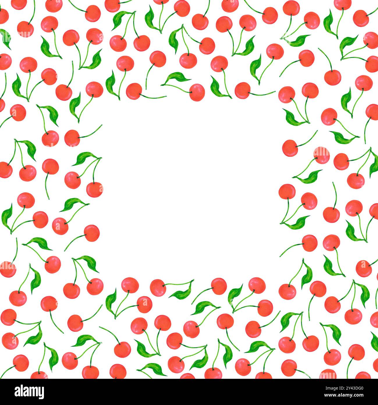 Hand drawn watercolor ripe cherries with green leaves wreath frame ...