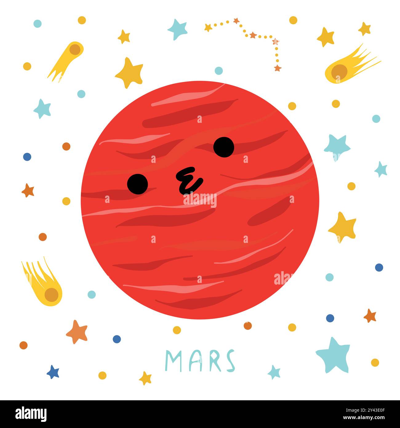 Solar system of planets for kids. Mars with cartoon face. Vector ...