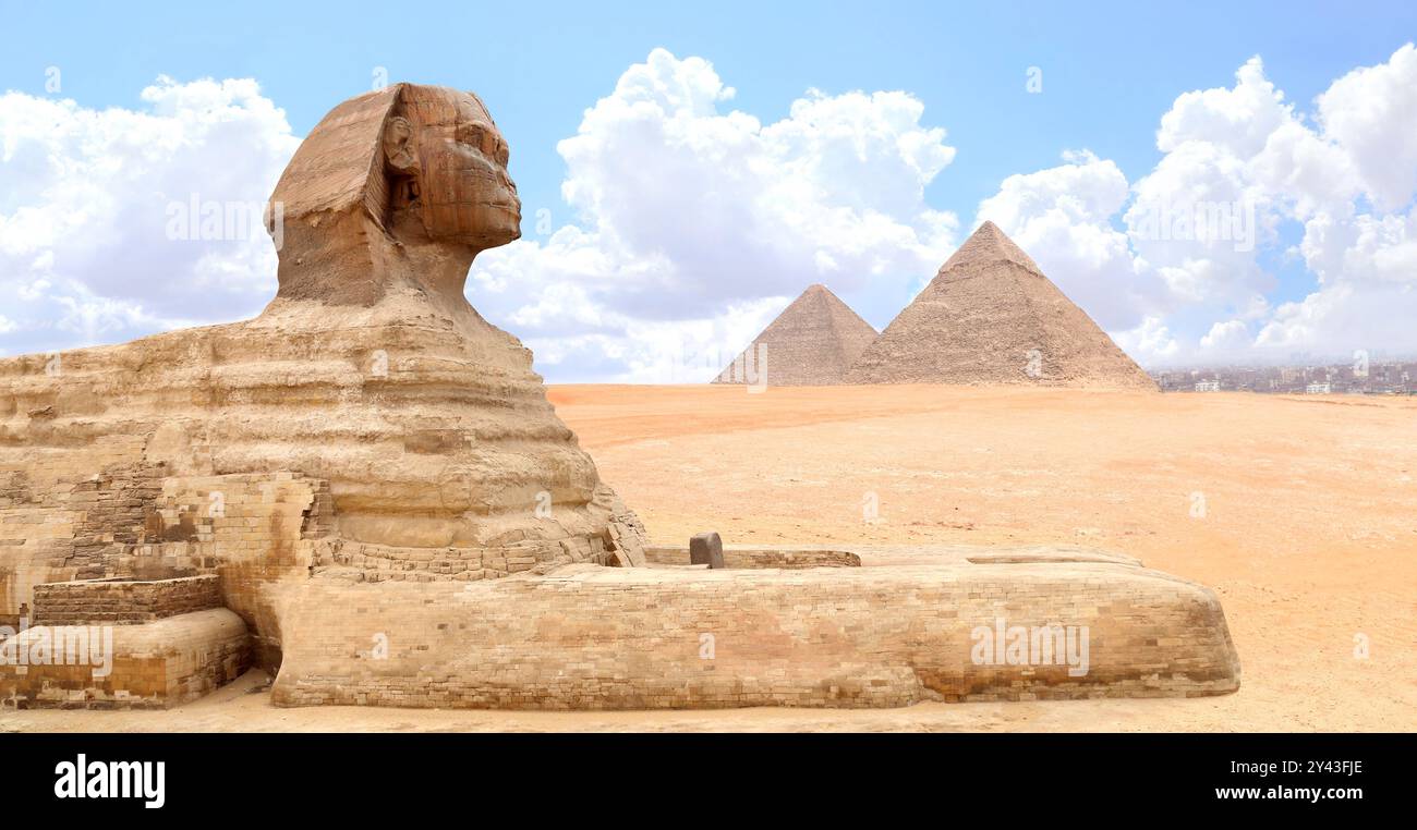 Famous Great Sphinx and pyramids of Chephren and Cheops, Cairo, Egypt ...