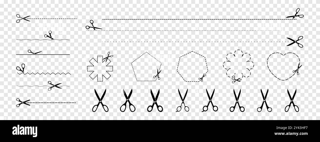 Scissors and dotted lines and geometric shapes. Cut here symbol Stock ...