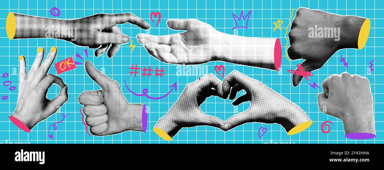 Collage halftone hands gestures with doodle elements. Dotted pop art ...