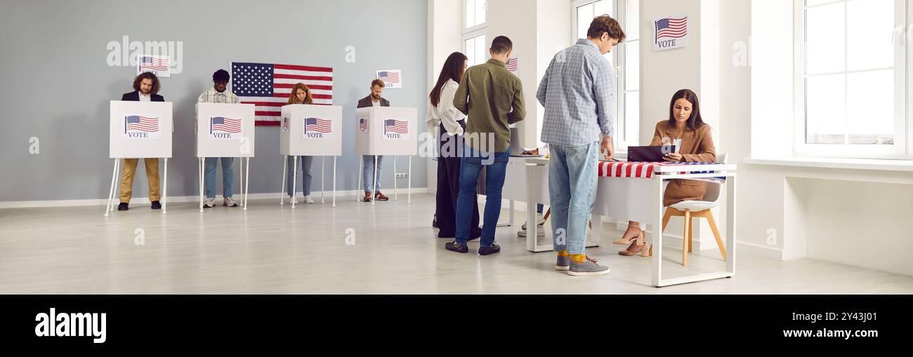 Banner with group of diverse Americans voting in polling booths at ...