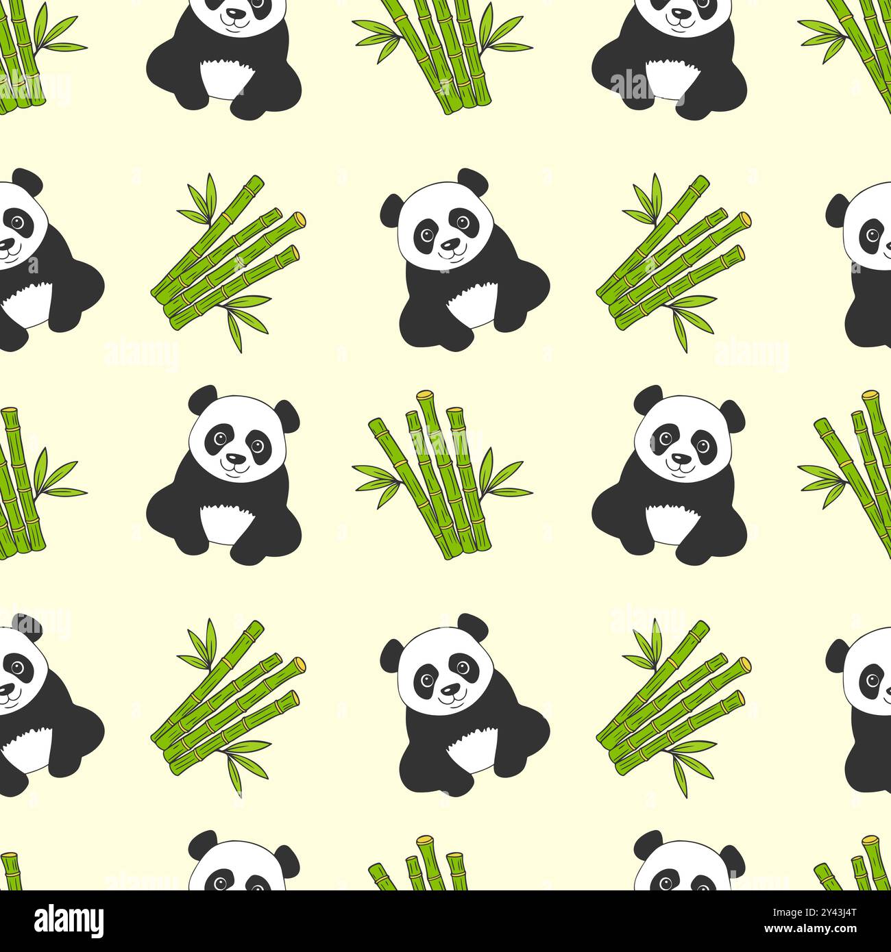 Pattern with cute panda and bamboo shoots pattern on yellow background ...