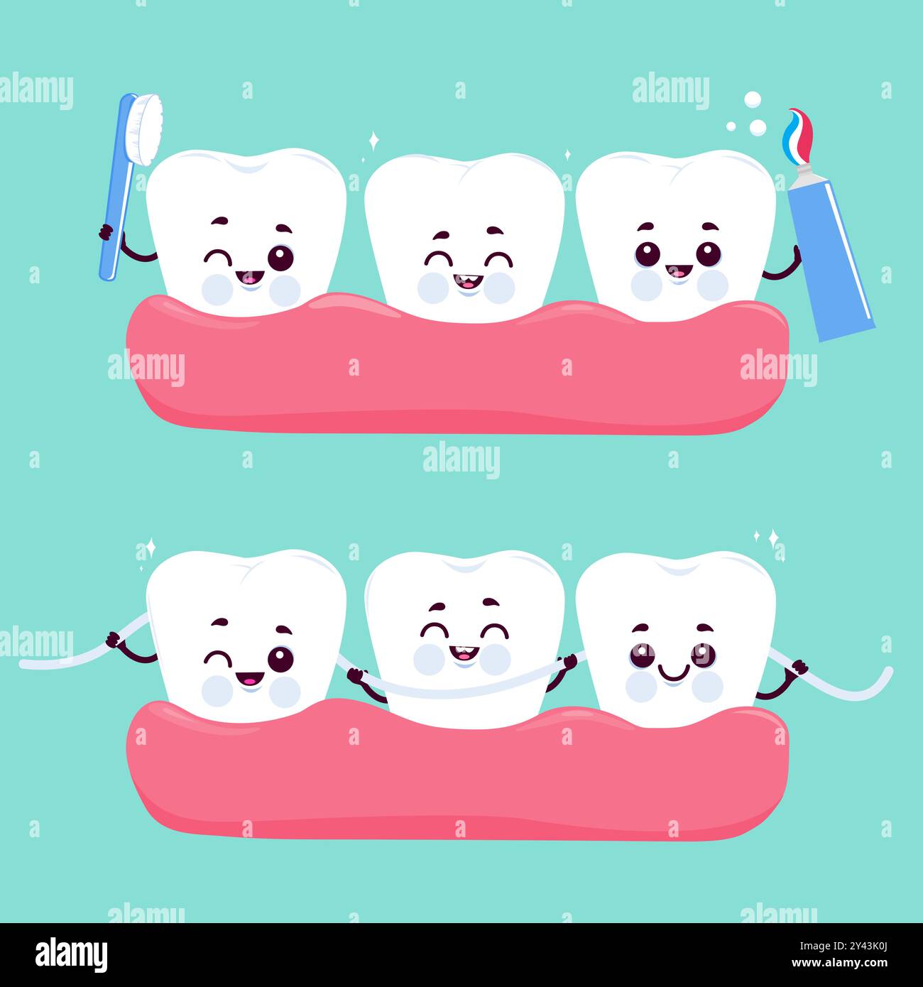 Cute cartoon teeth characters in healthy gums with toothbrush and ...