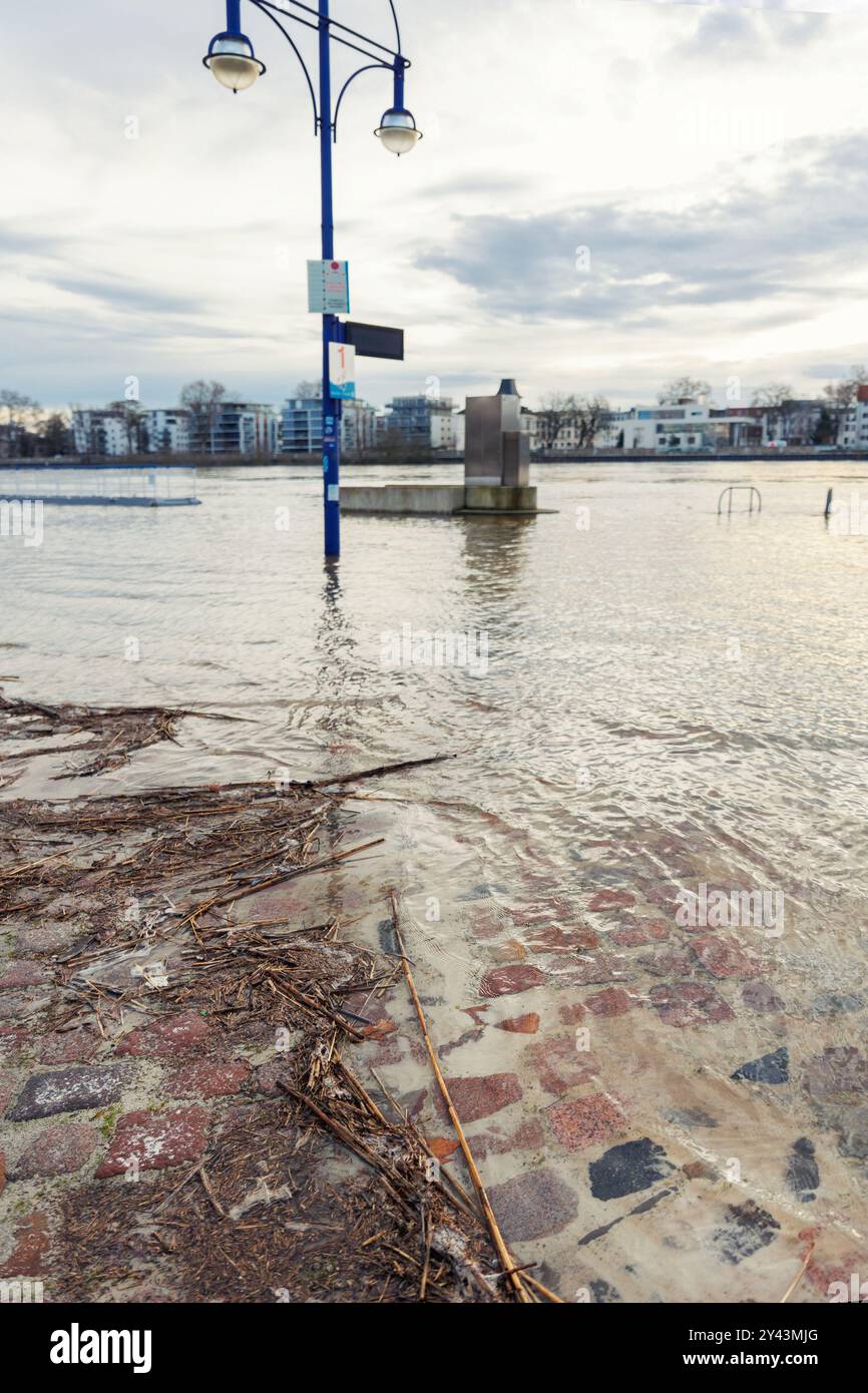 Flooded riverside Magdeburg embankment promenade Submerged street lamp ...