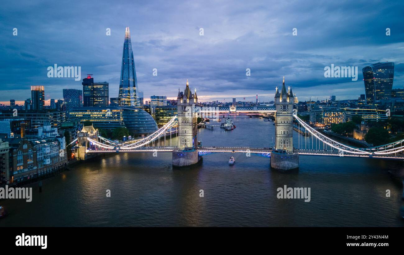 Drone photography of Tower Bridge in London, UK at night Stock Photo ...