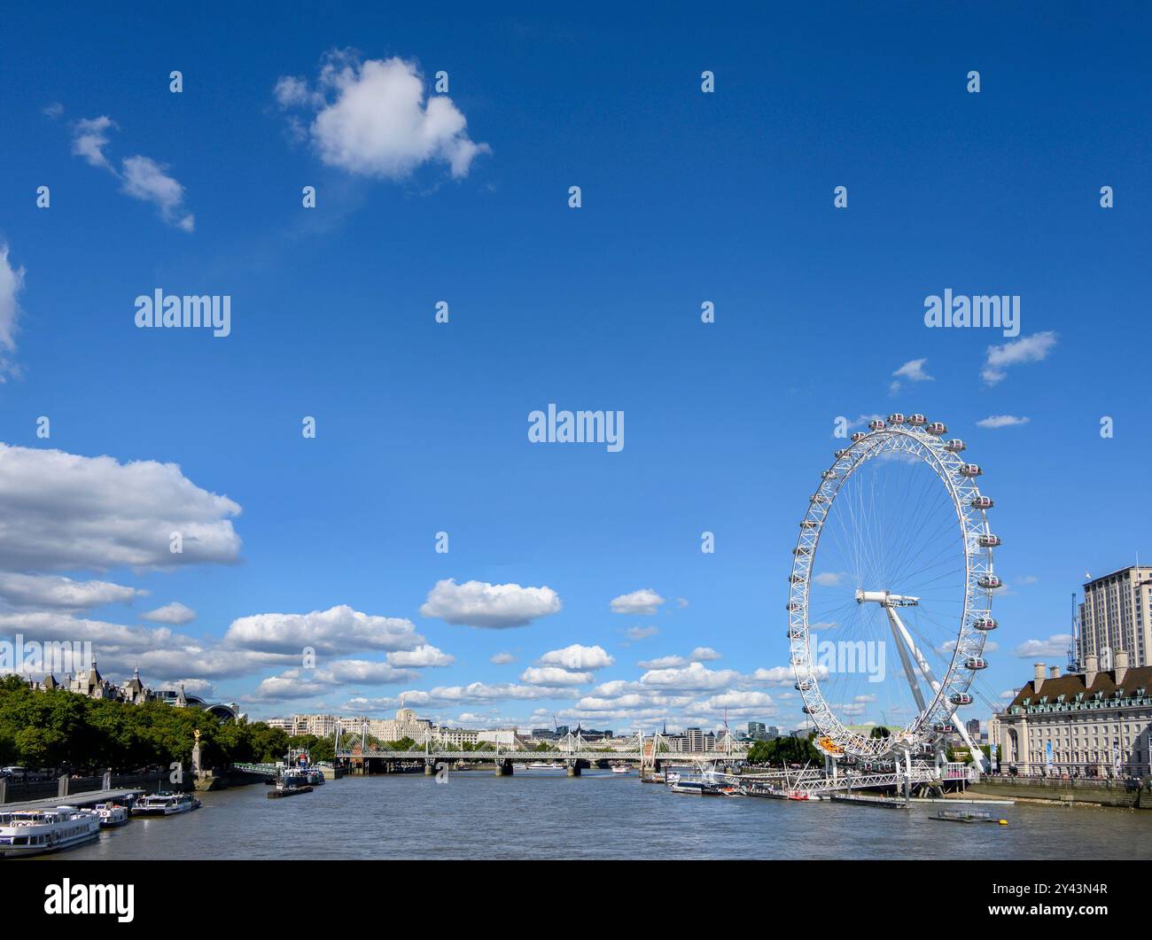 London, UK. River Thames, the London Eye and County Hall looking north ...