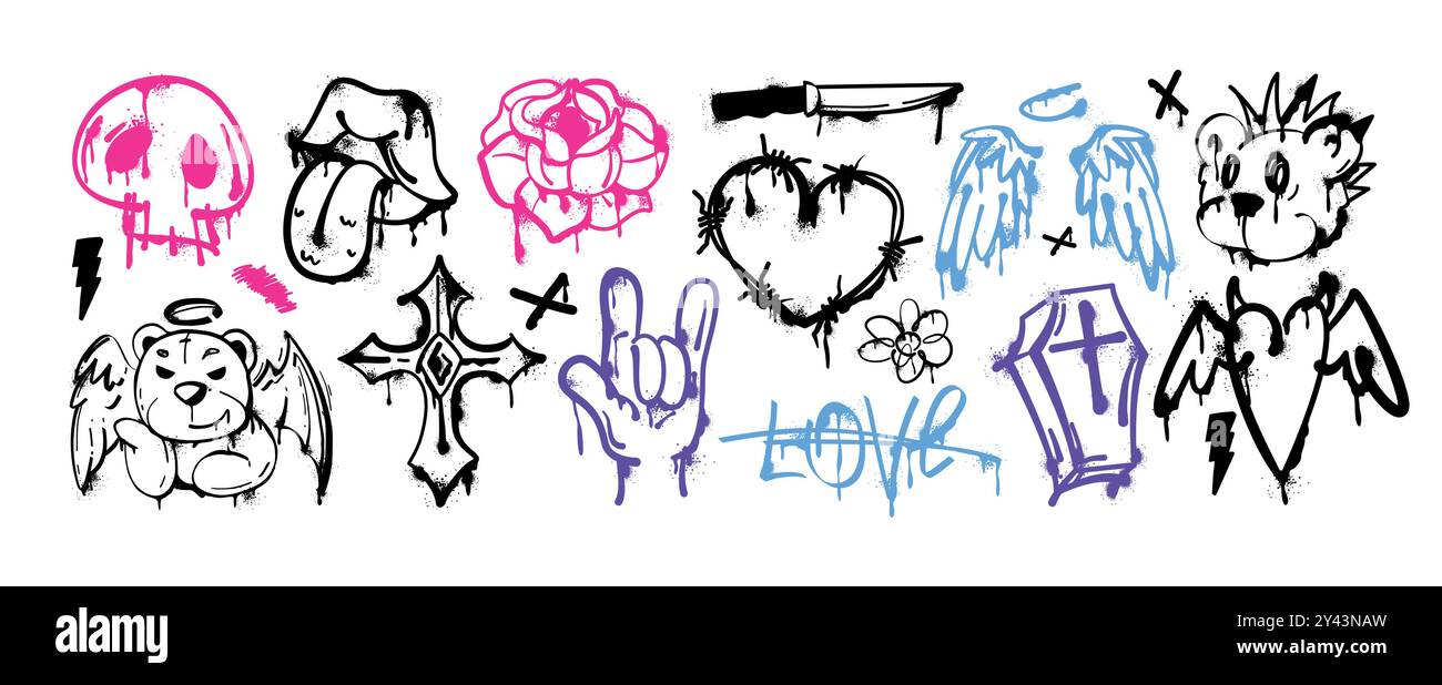 Spray paint graffiti element set. Street art of ink bear face, heart ...