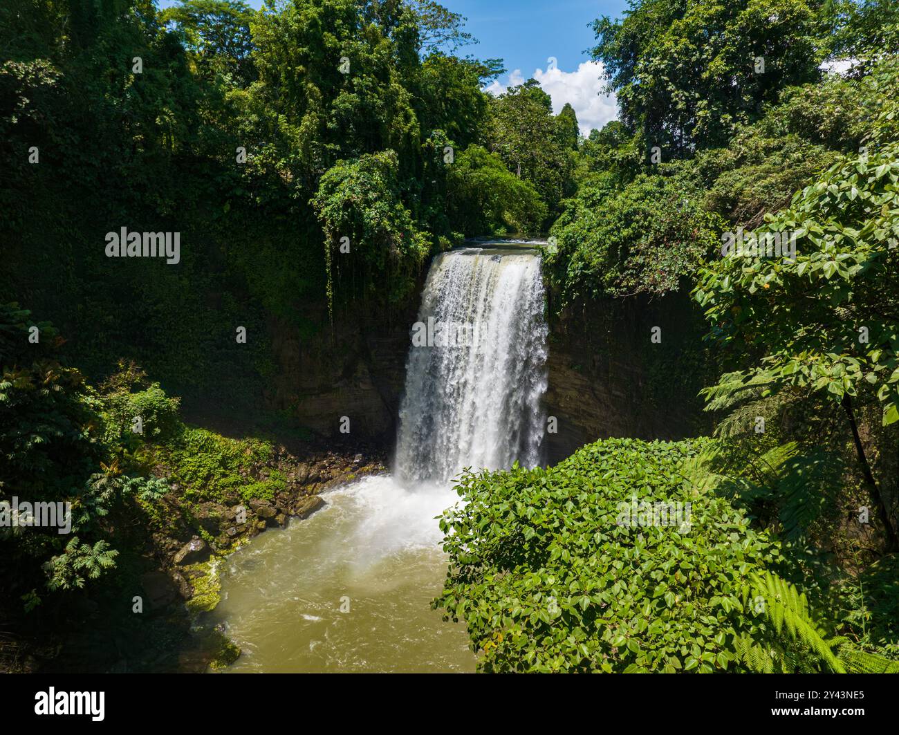 Aerial view of waterfall in Lake Sebu. Falls surrounded by lush ...