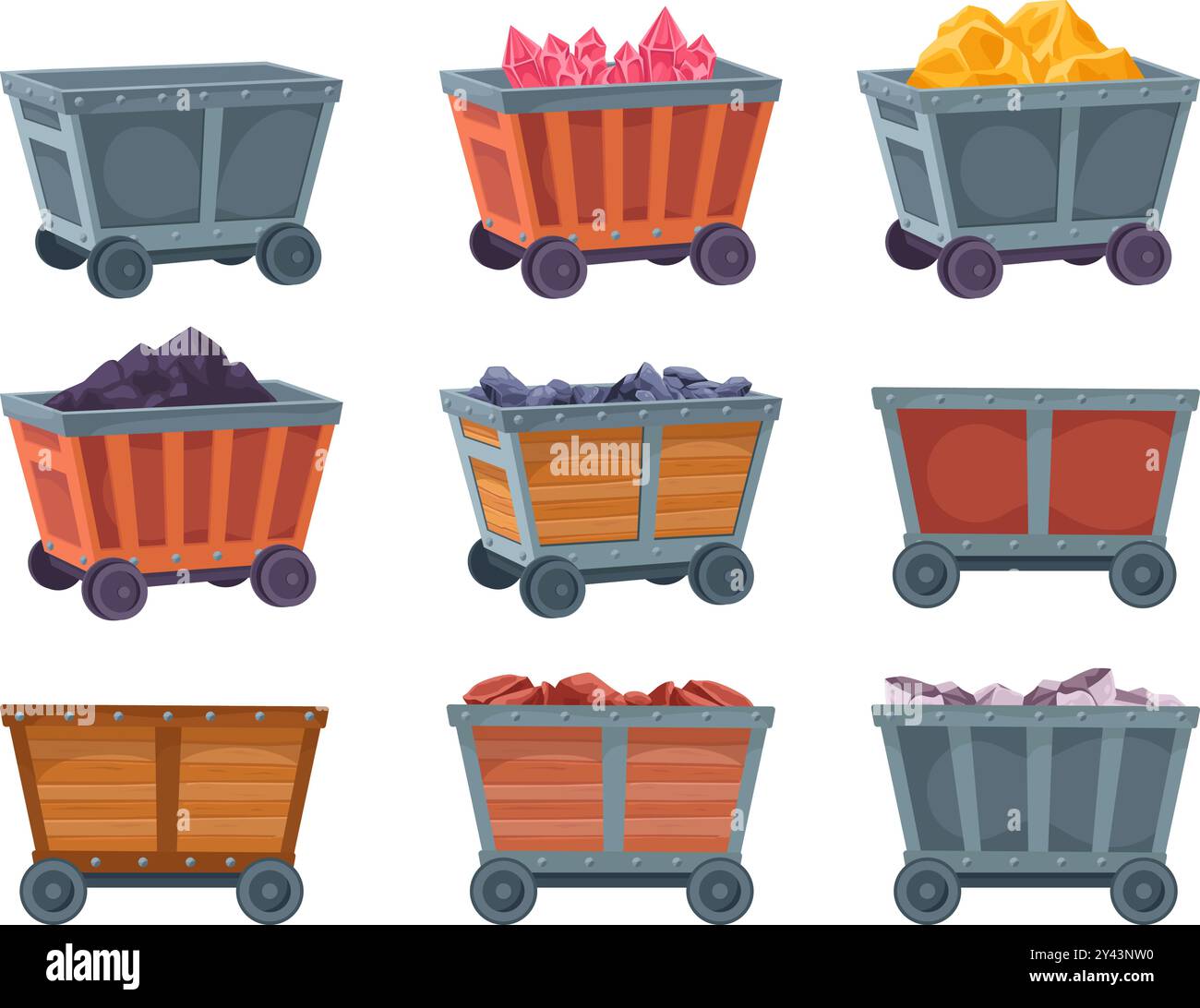 Mining carts. Minecarts, wood metal mine wagons for underground loading ...