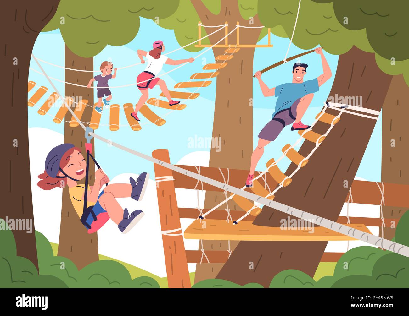 Kids in rope park. Family adventure forest recreation hanging ropes ...