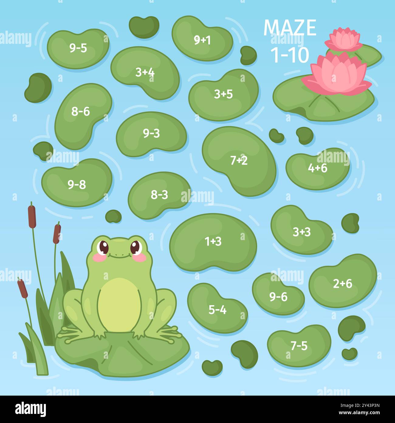 Frog maze game. Comic frogs on lily water pond way, preschool children ...