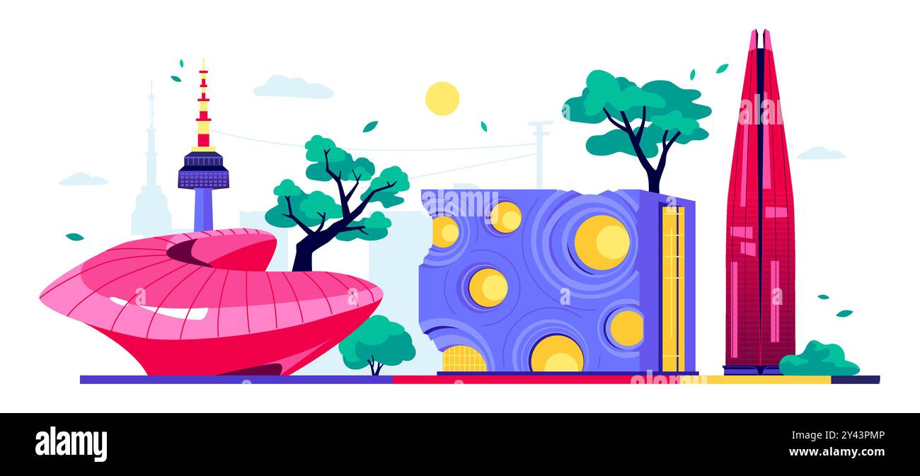 Futuristic buildings in Korea - modern colored vector illustration ...