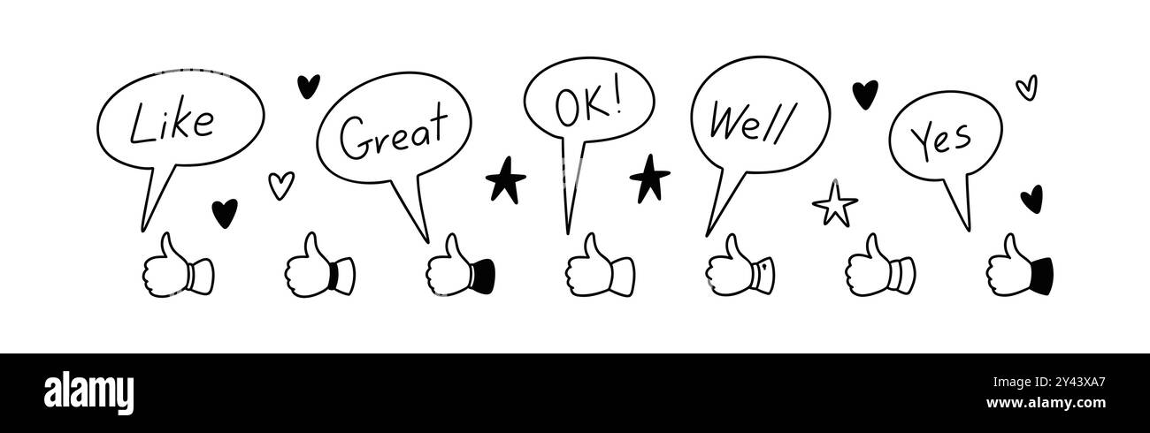 Thumb up cute line doodle icons set. Speech bubble set. Kid school ...