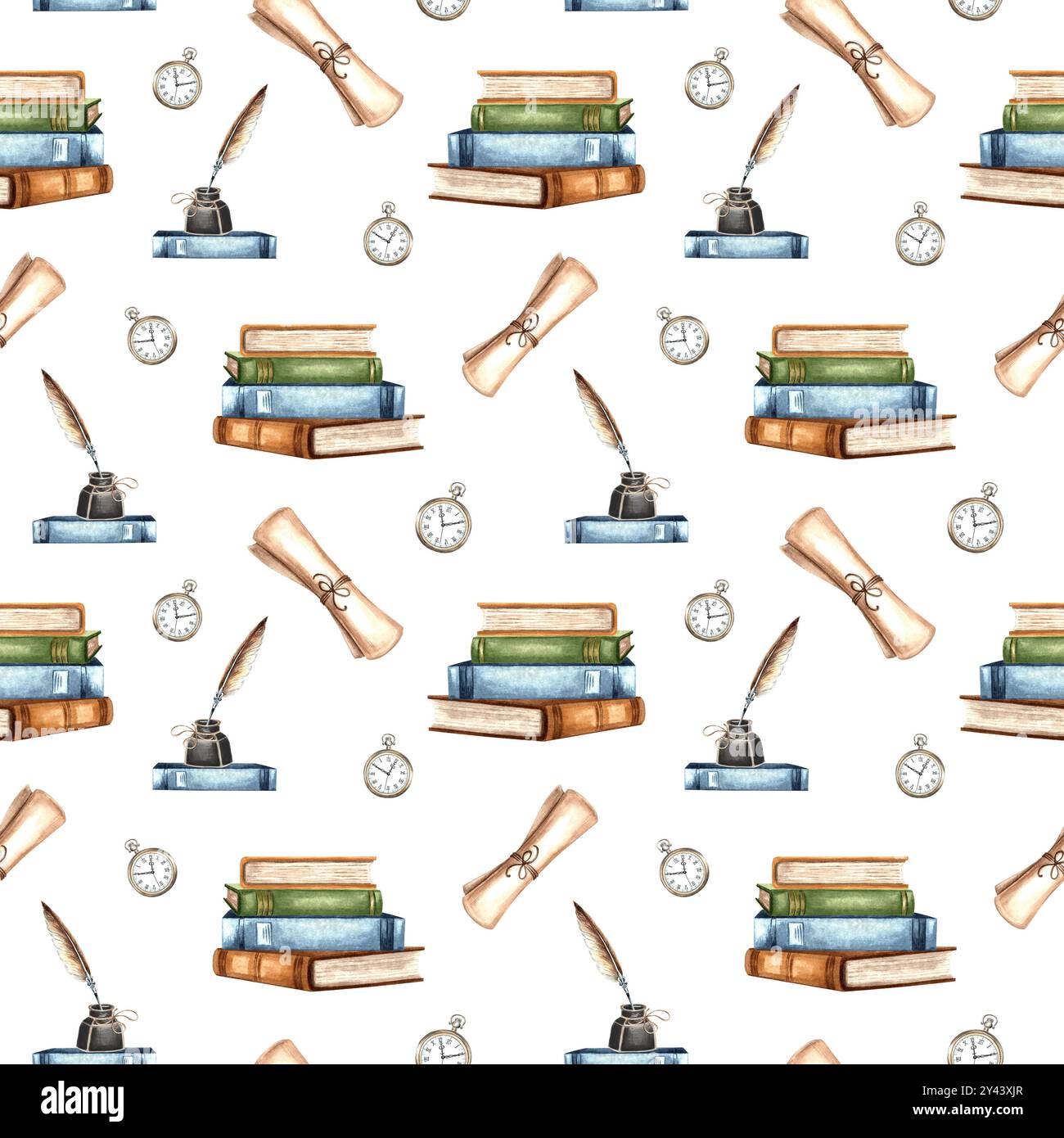 Book stack and inkwell, feather. Vintage pocket watch and scroll ...