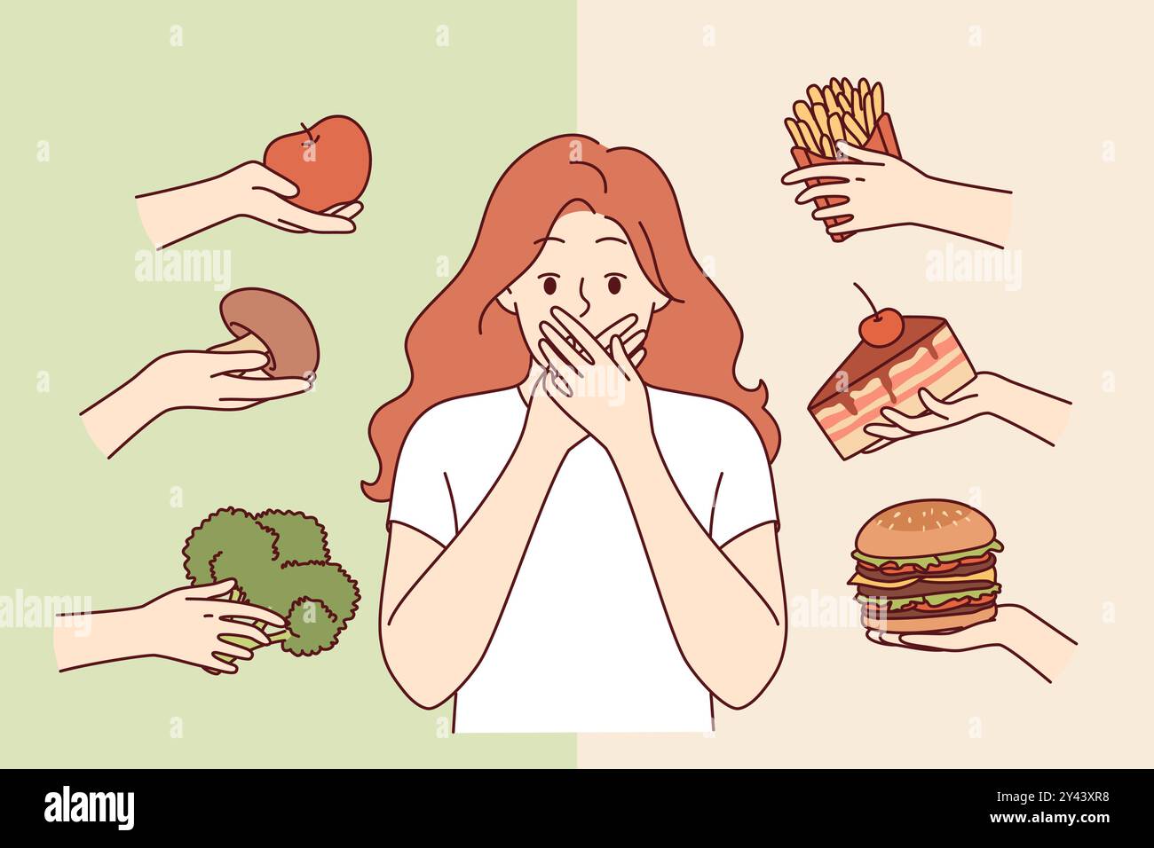 Choice between healthy and unhealthy food frightens woman, who unable ... Choice between healthy and unhealthy food frightens woman, who unable ...