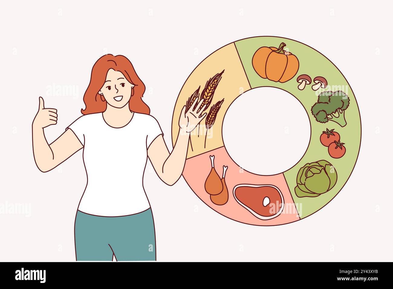 Woman recommends balanced diet and proper ration, standing near diagram ...