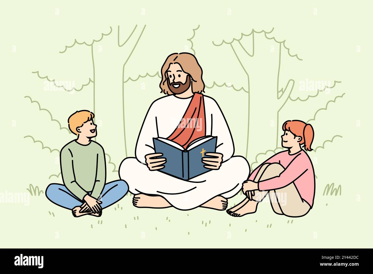 Jesus christ reads bible to little children sitting in park, talking ...