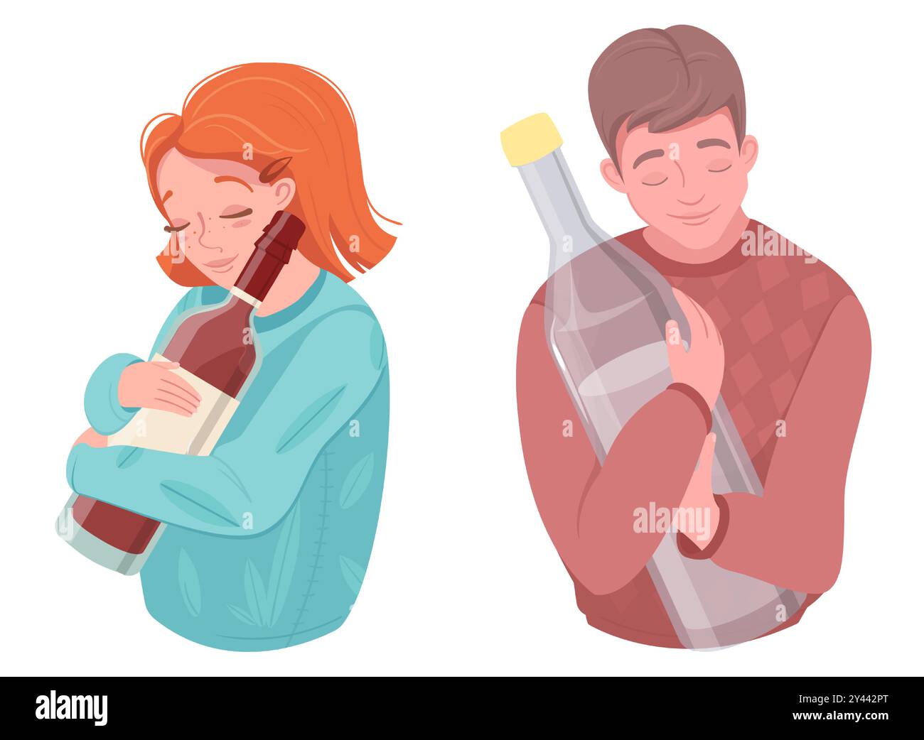 Drunken man and woman cartoon characters hugging bottle with alcohol ...