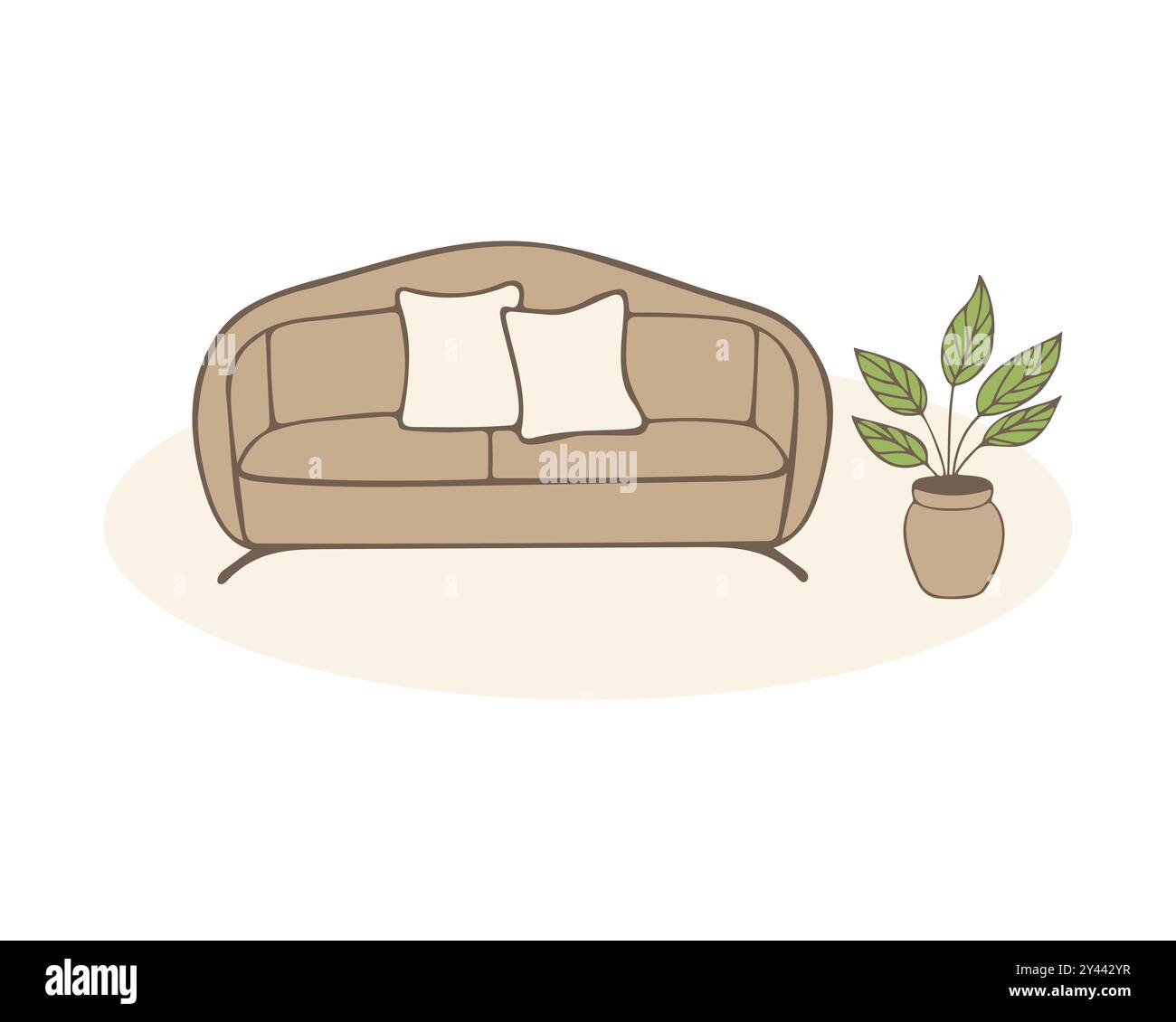 Cozy home interior with sofa with pillows and an indoor flower in pot ...