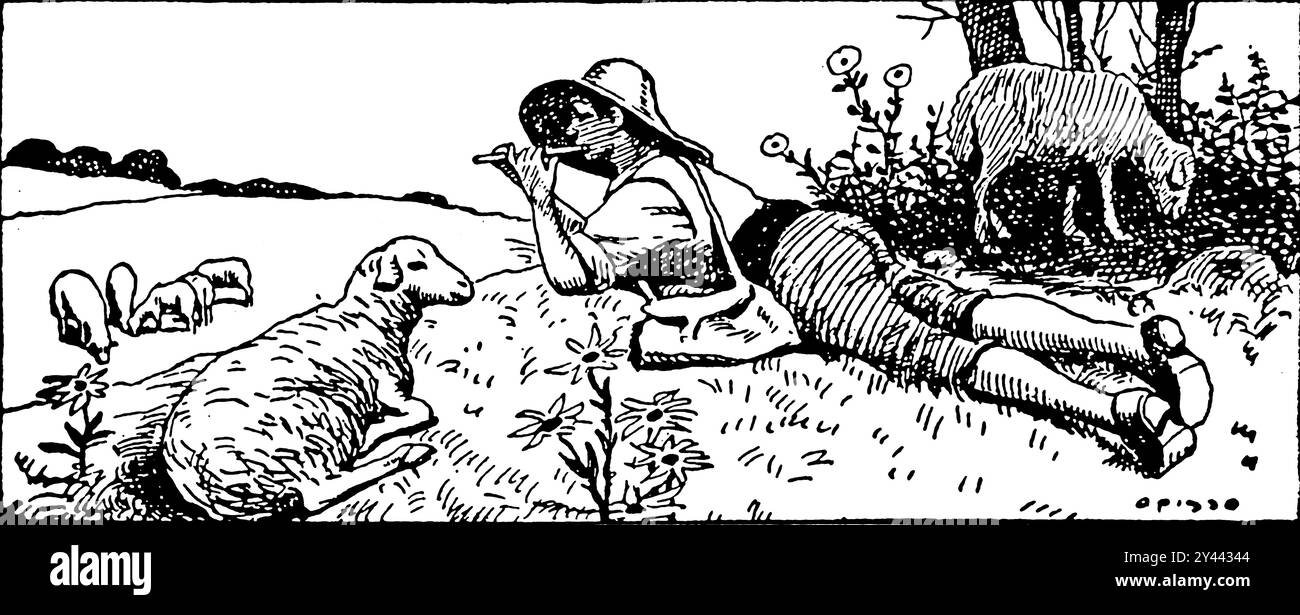 Young shepherd playing his flute lying in the field while his sheep ...